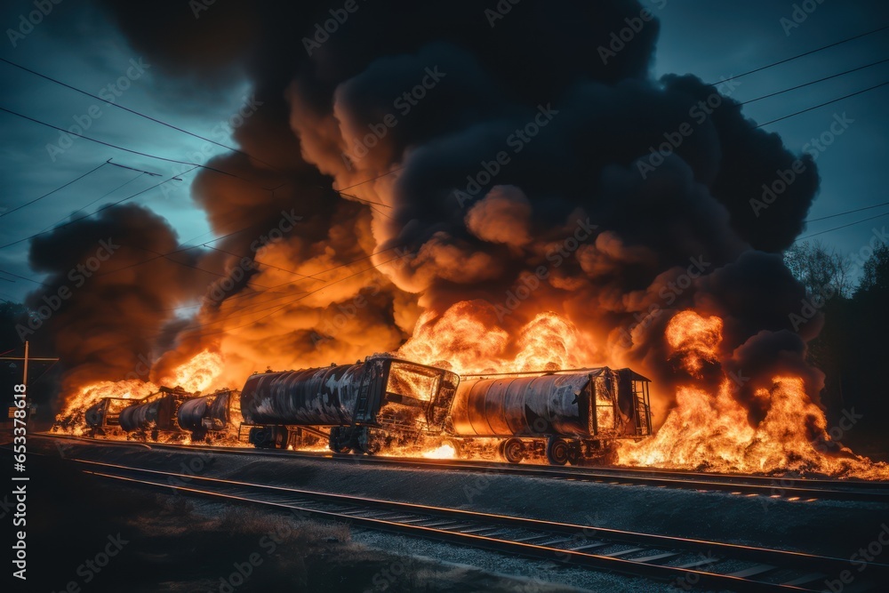 View of a train derailed exploding with fire and smoke. Tanks burning ...
