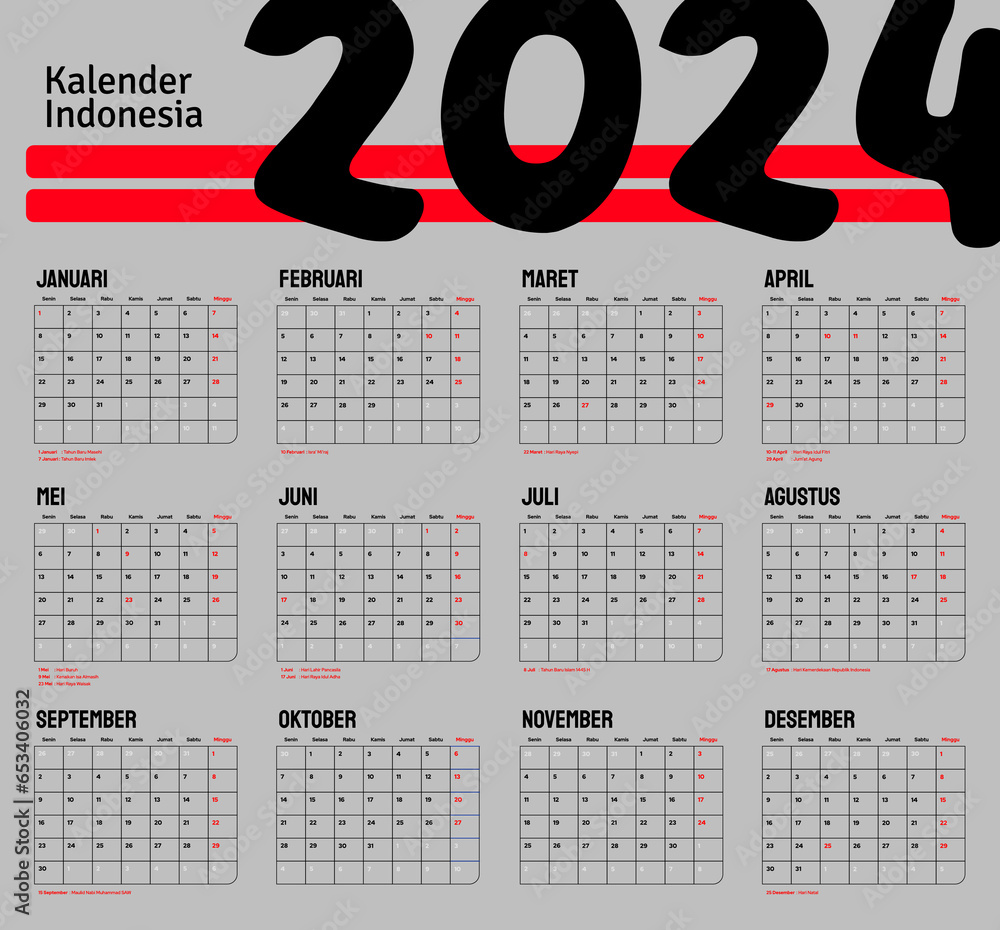 Indonesian Calendar 2024 template vector, simple minimal design ...
