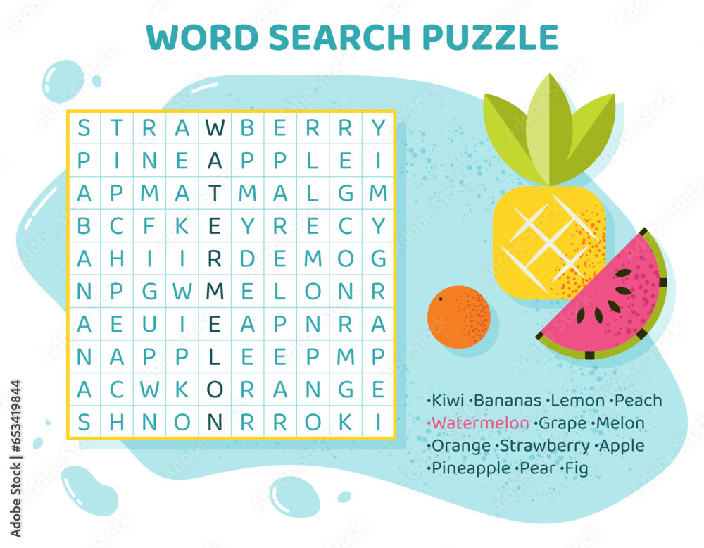 Word search puzzle with fruits and berries. Stock Vector | Adobe Stock