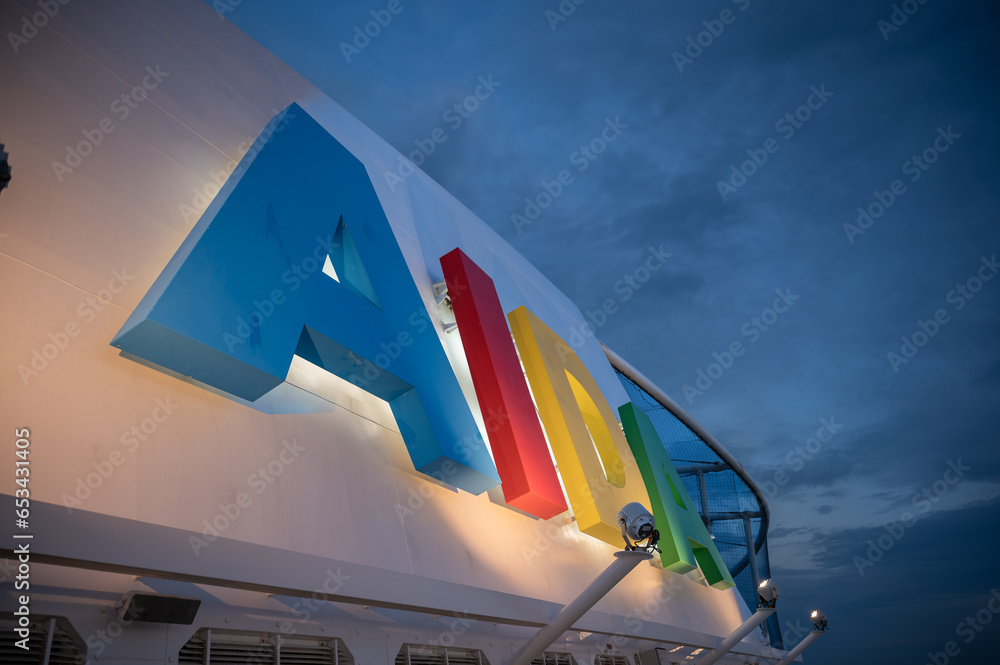 Colorful AIDA Logo attached to the AIDA Bella cruise ship during night ...