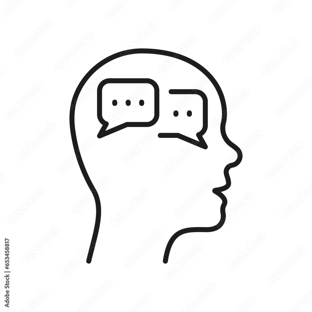 Inner Dialog in Human Head Line Icon. Person's Internal Conversation ...