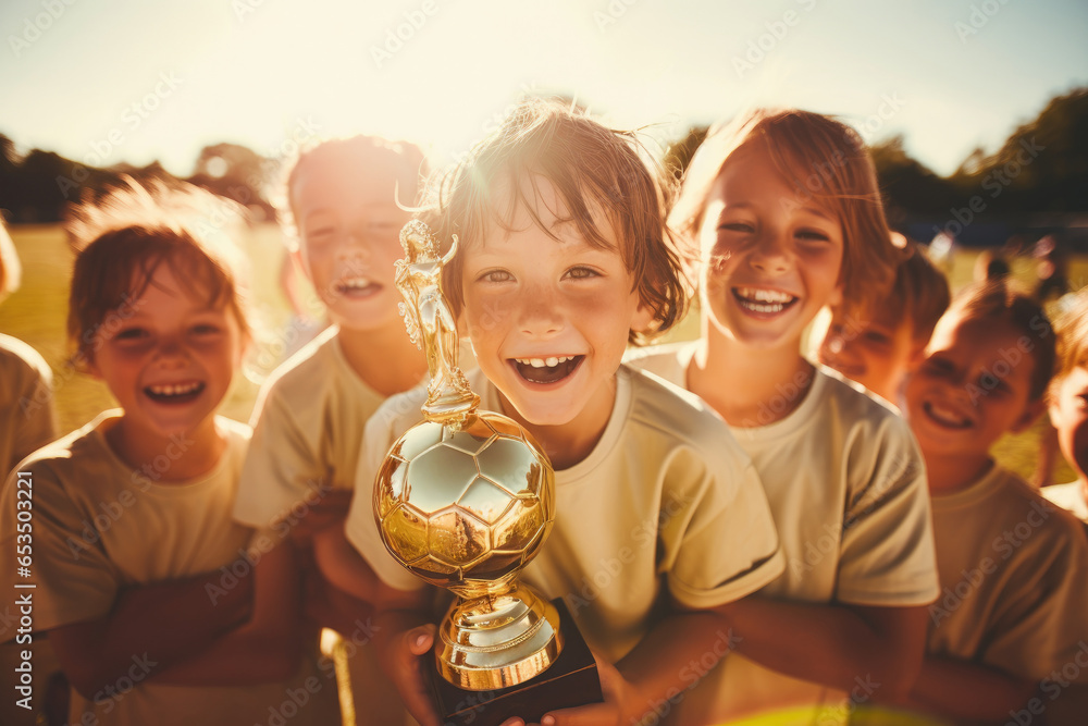 Portrait of active children holding trophies in sport day at school ...