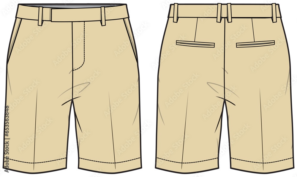 Men's chino suit shorts flat sketch fashion illustration with front and ...