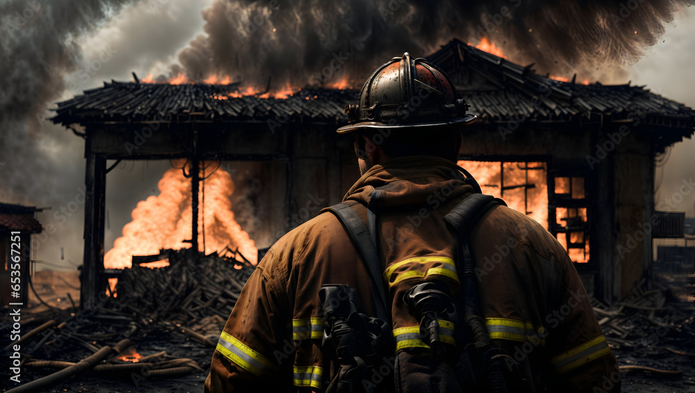 rear view, a tired, sweaty and dirty fireman in his 40s stands and ...