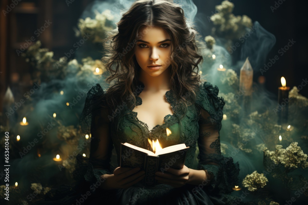 Beautiful witch casting a spell from book with fire and smoke. Woman ...