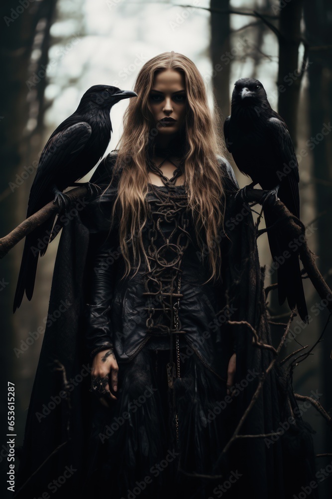 Beautiful forest witch posing with ravens. Woman wearing tribal dress ...