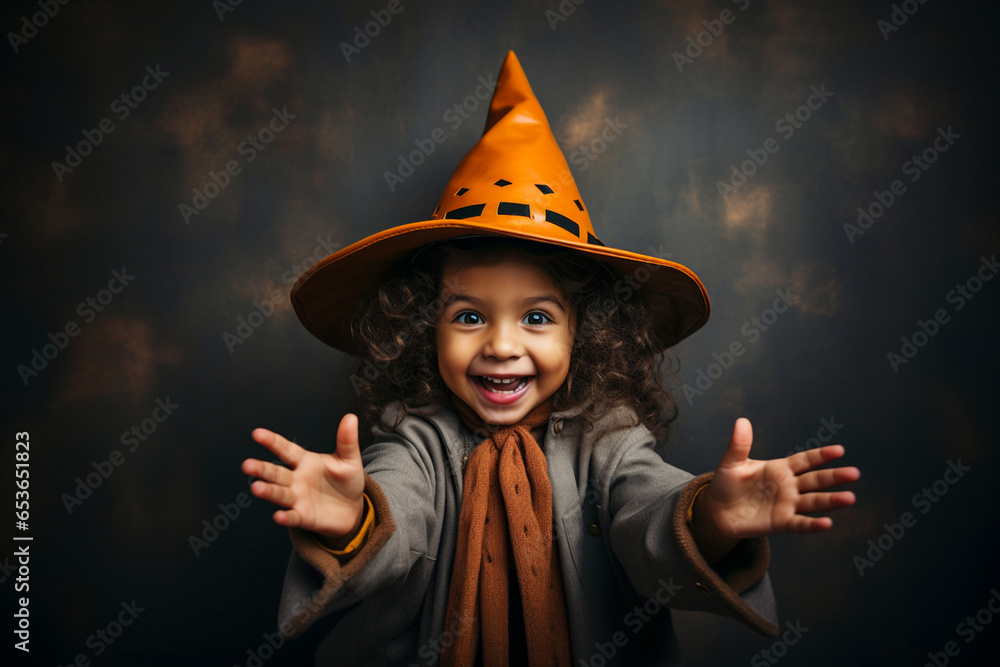 Witchy young female toddler child kid with witch hat costume and ...