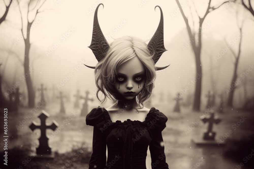 Eerie stillness of a forgotten graveyard shrouded in mist with a ...