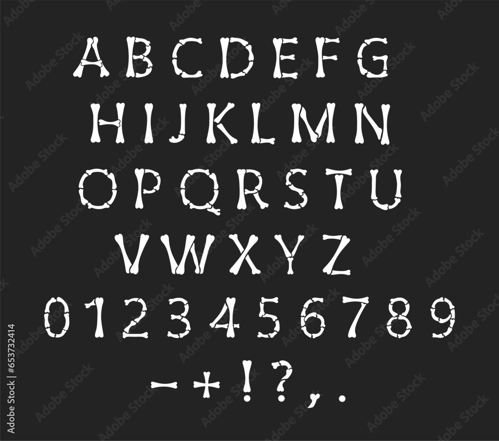 Bone alphabet, capital letters and numbers made of bones. Halloween ...