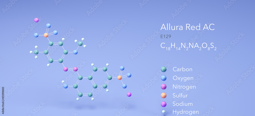 allura red ac molecule, molecular structures, food dye e129, 3d model ...