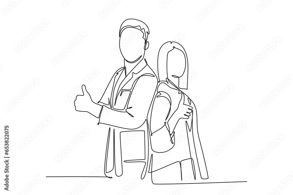 Single continuous line drawing young happy couple male and female ...