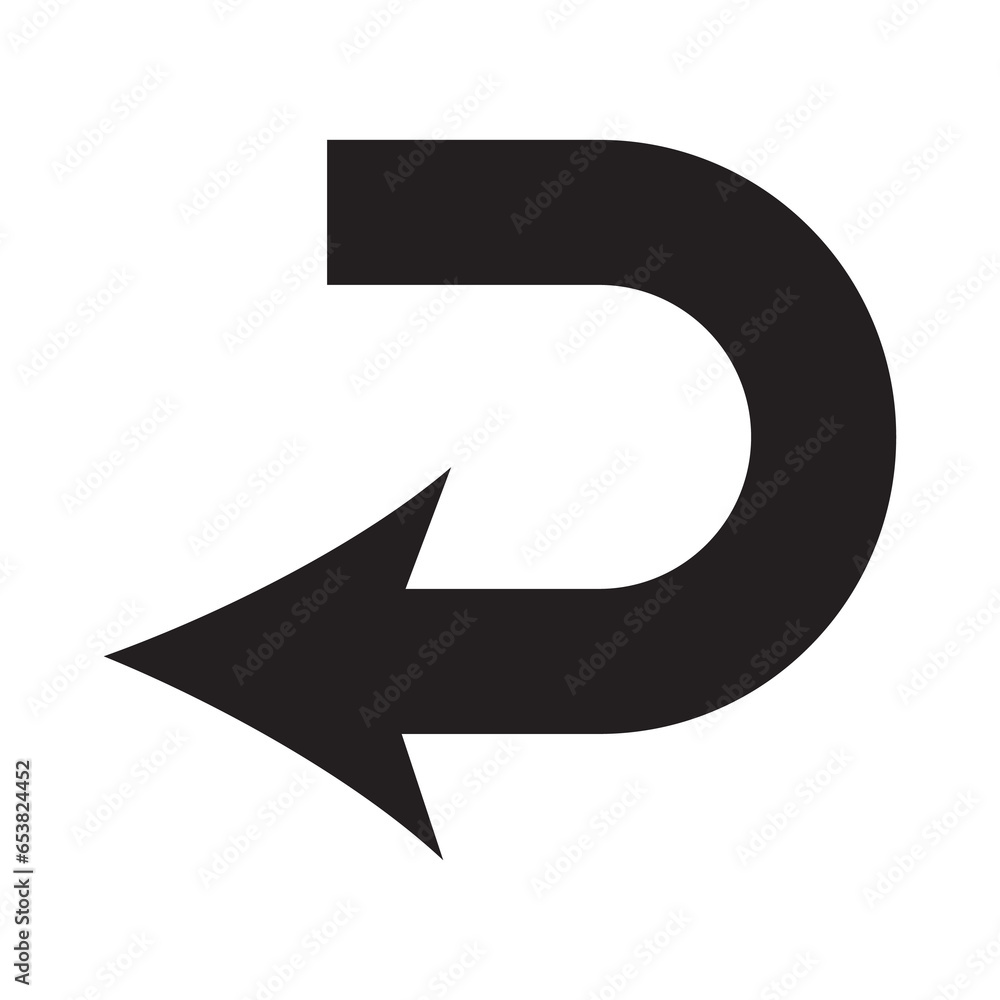 Black go back return arrow icon, simple vector u turn shape pointer ...