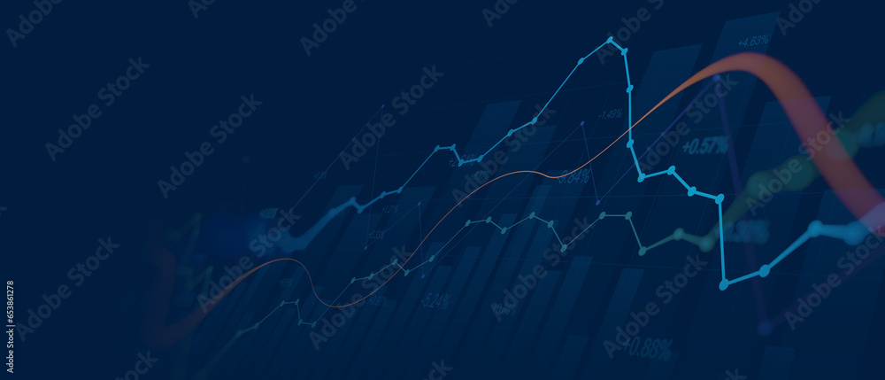 Widescreen Abstract financial graph with uptrend line and bar chart of stock market on blue ...