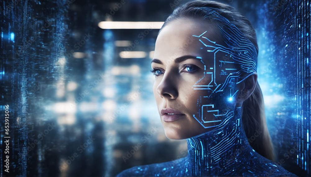A visionary woman excels in the AI landscape, merging human ingenuity and artificial ...