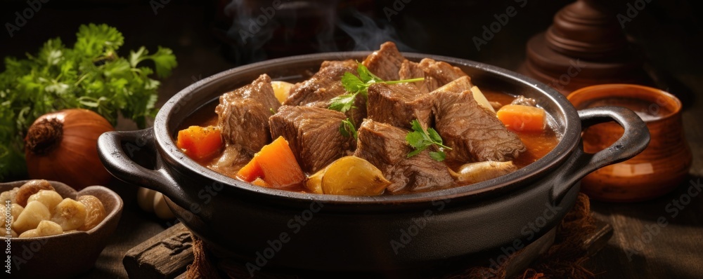 A tantalizing photo featuring a steaming hot pot of tender, slowcooked ...