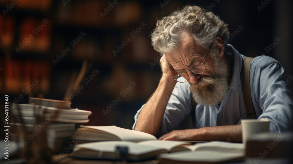 Portrait of a sad older man studying hard surrounded by books and ...