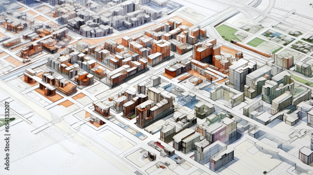 A detailed, technical blueprint showcasing urban planning and city ...