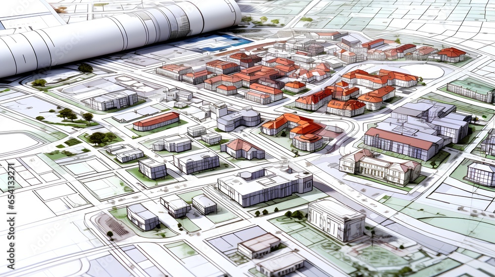 A detailed, technical blueprint showcasing urban planning and city ...
