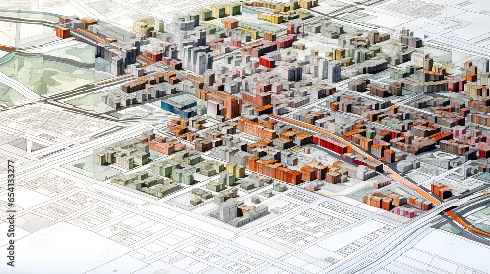 A detailed, technical blueprint showcasing urban planning and city ...