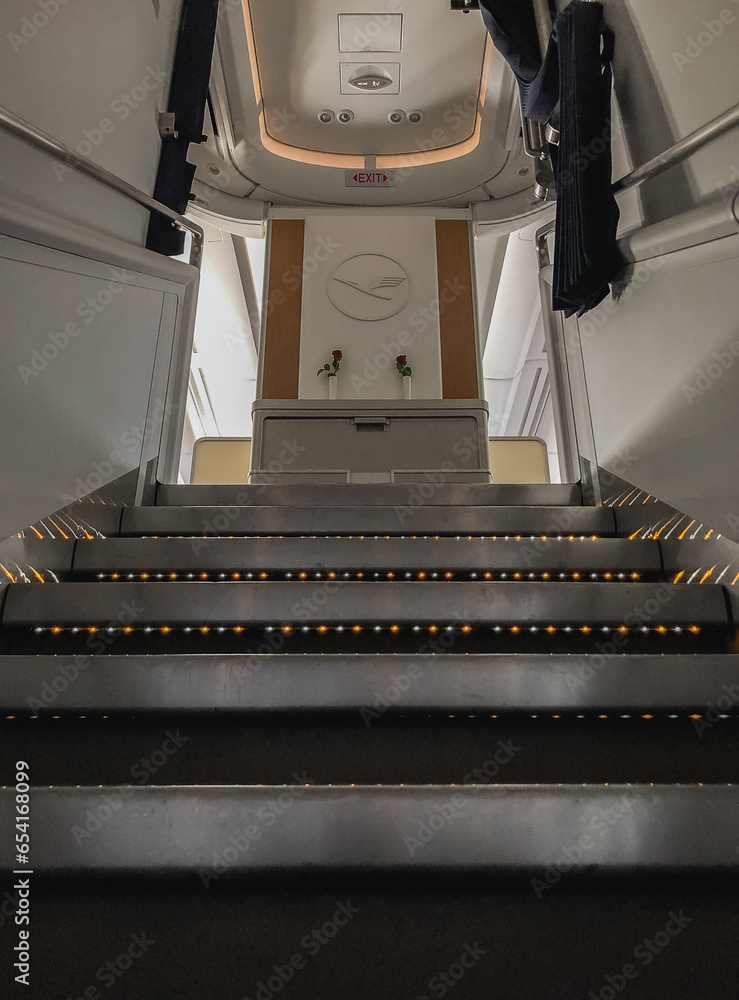 View onto stairs staircase stairwell to Upper Deck onboard Lufthansa ...