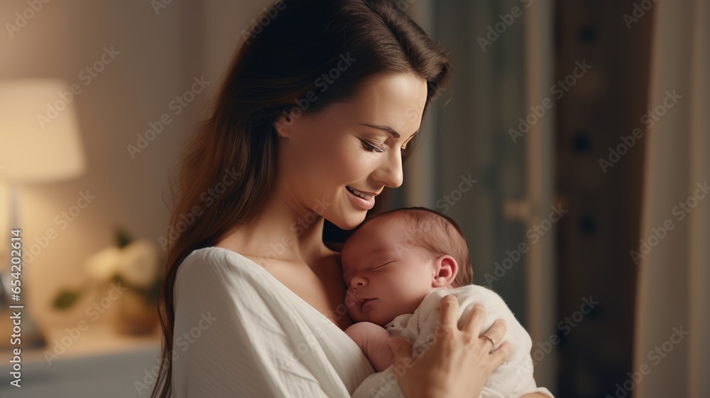 Loving mom carying of her newborn baby at home. Bright portrait of ...