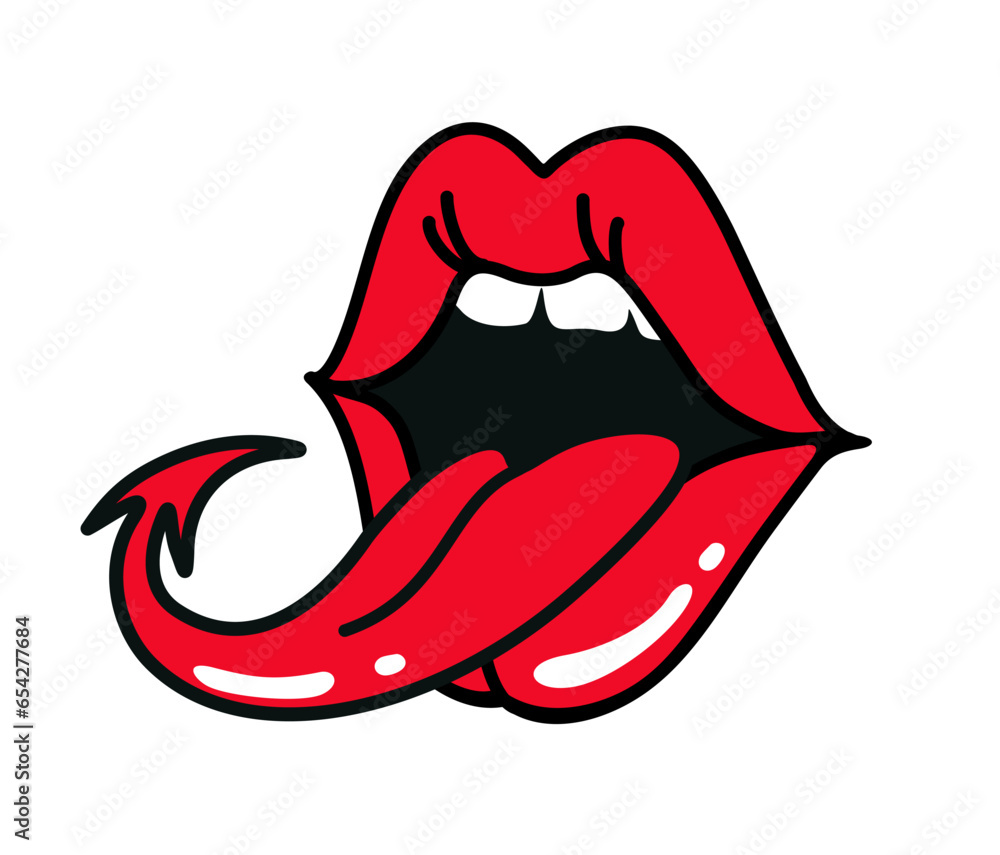 Female mouth with snake tongue logo template mascot. Devil tongue. Kiss ...