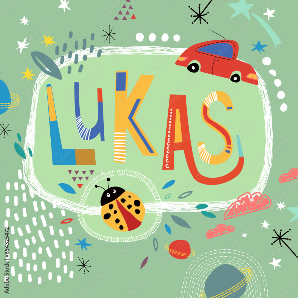 Bright card with beautiful name Lukas in planets, car and simple forms ...