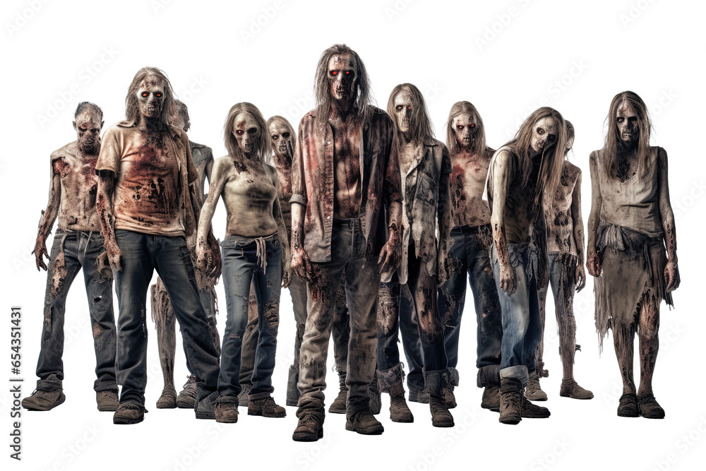Zombie apocalypse. crowd of zombies with ripped clothes isolated on ...