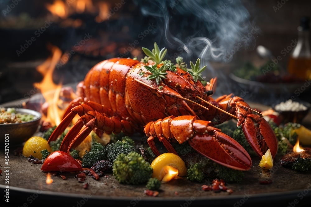 Hyper-Realistic High-Resolution Grilled Lobster Falling onto Barbecue ...