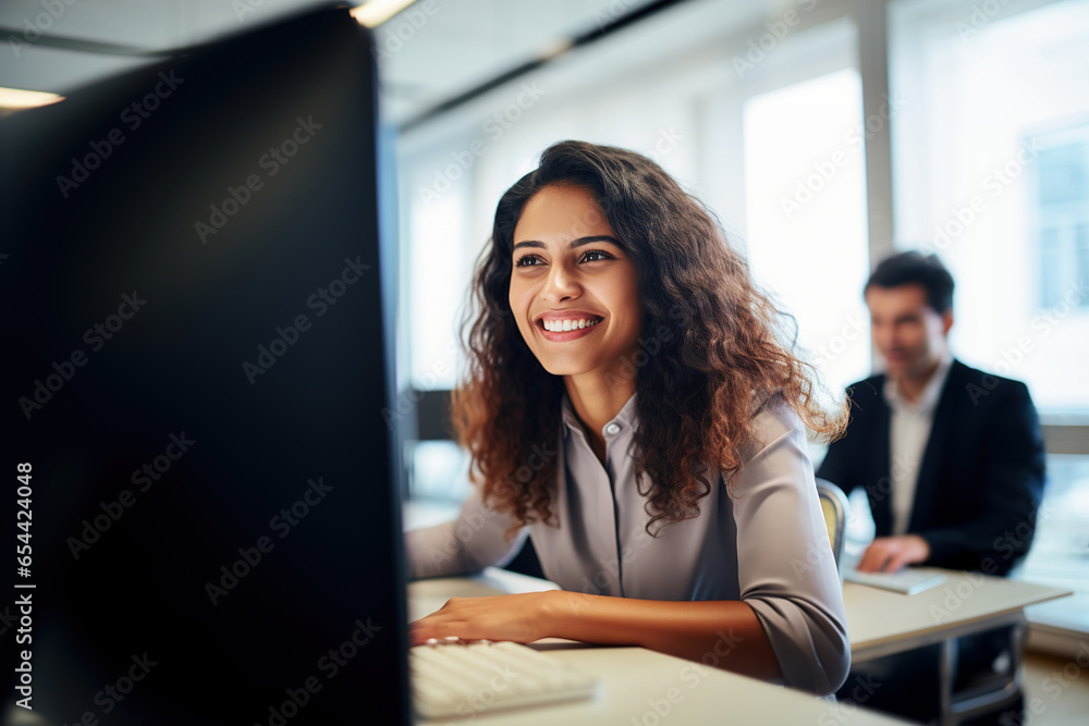 Smiling female programmer, a specialist in IT, sits at her desk in a ...