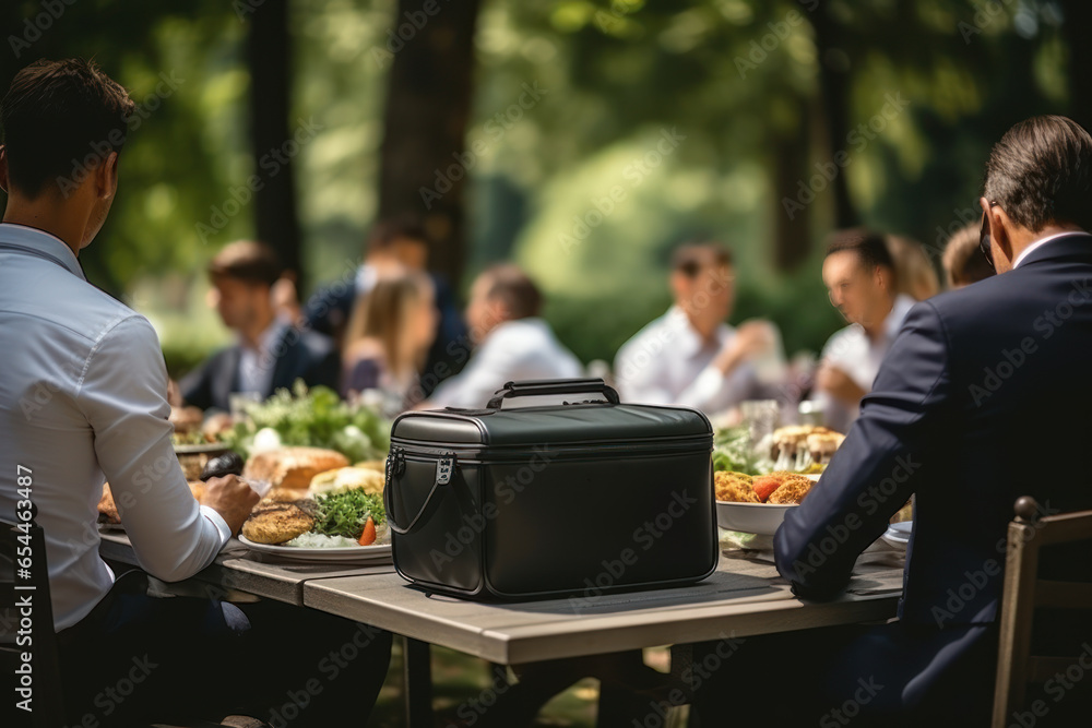 Office workers in business suits have lunch in the park and eat pre ...