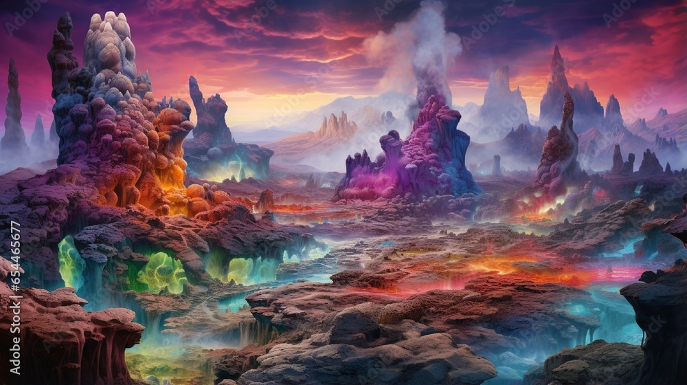 A surreal, alien landscape with colorful, bubbling hot springs and ...