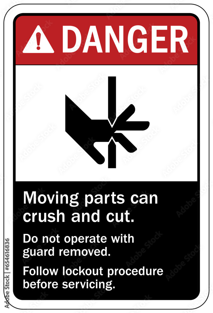 Crush and cut hazard warning sign and labels Moving parts and materials ...