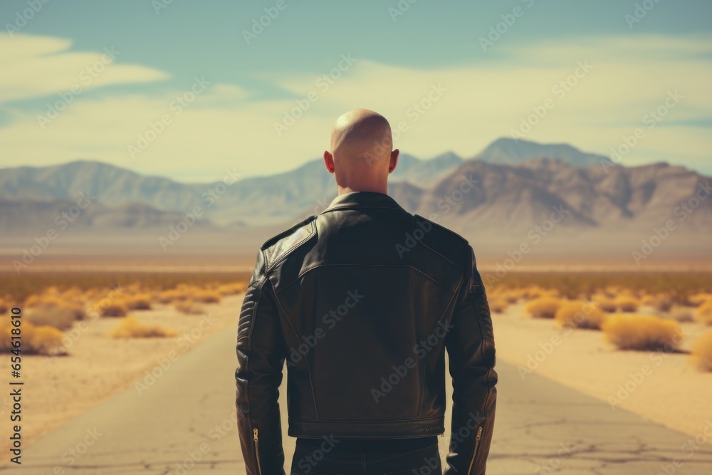 Tough guy in black leather jacket, stand his back, blurred american ...