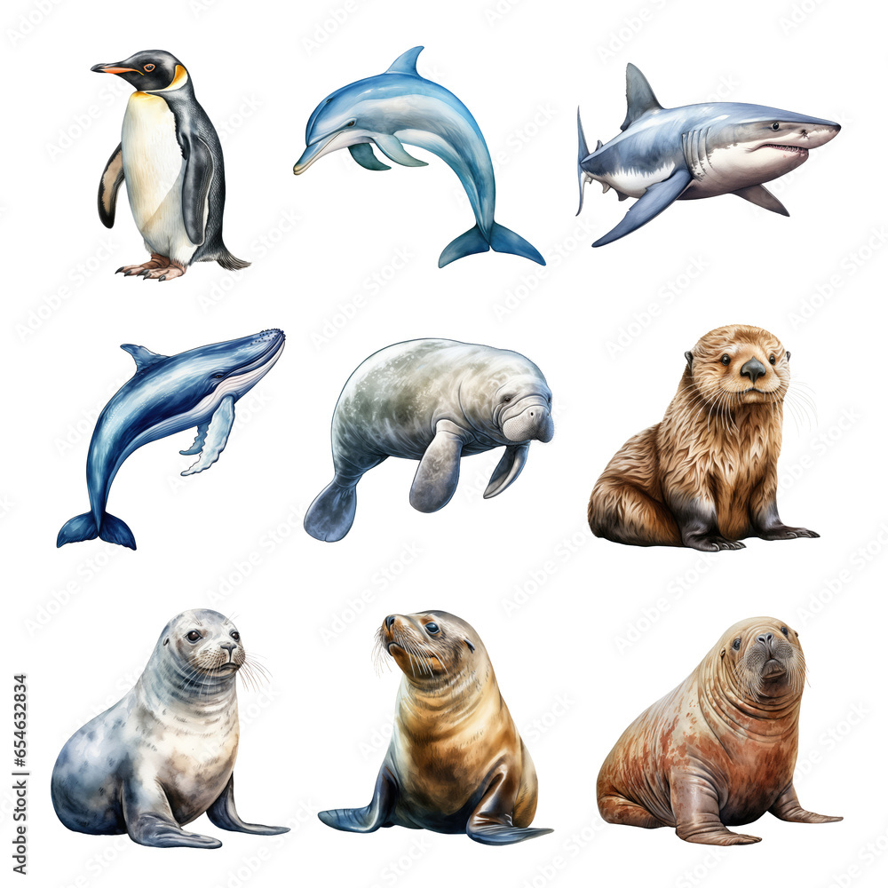 watercolor water animal set. set of clipart water animals. penguin ...