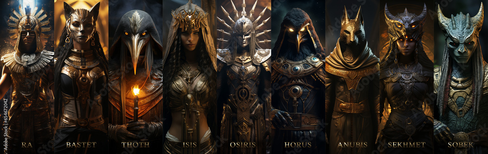 Ancient god goddess from Egypt set. Ra, Bastet, Thoth, Isis, Osiris ...