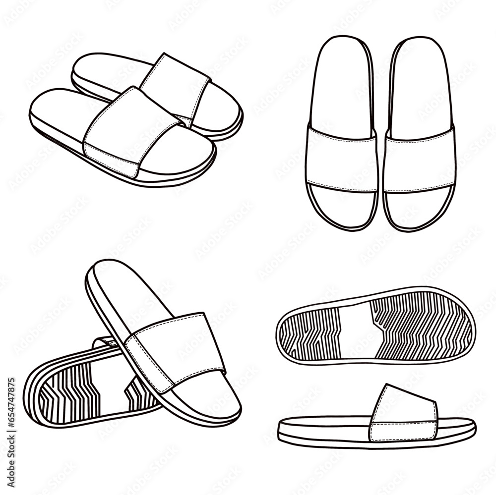 Technical sketch drawing of Slippers line art, top, side, bottom and ...