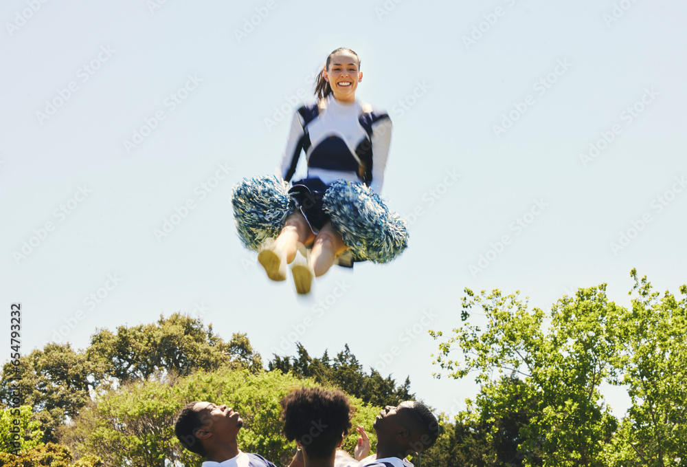 Sports, portrait and woman cheerleader in air on a field for motivation ...