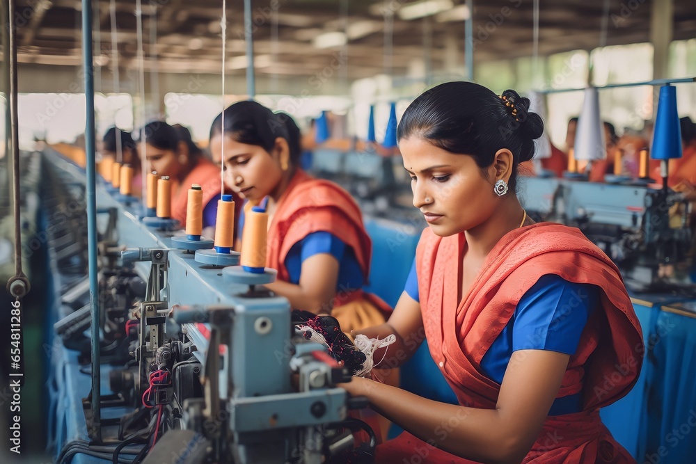 Indian female coworkers dressed in saris operating equipment producing ...