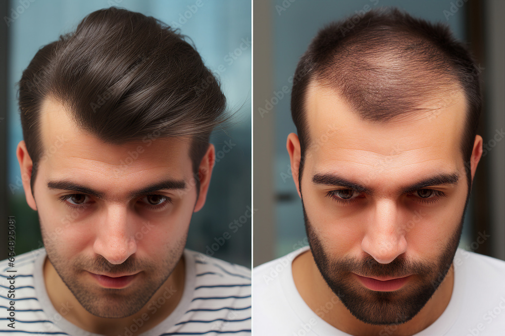 Generative AI collage two photos comparison before after anti hair loss ...