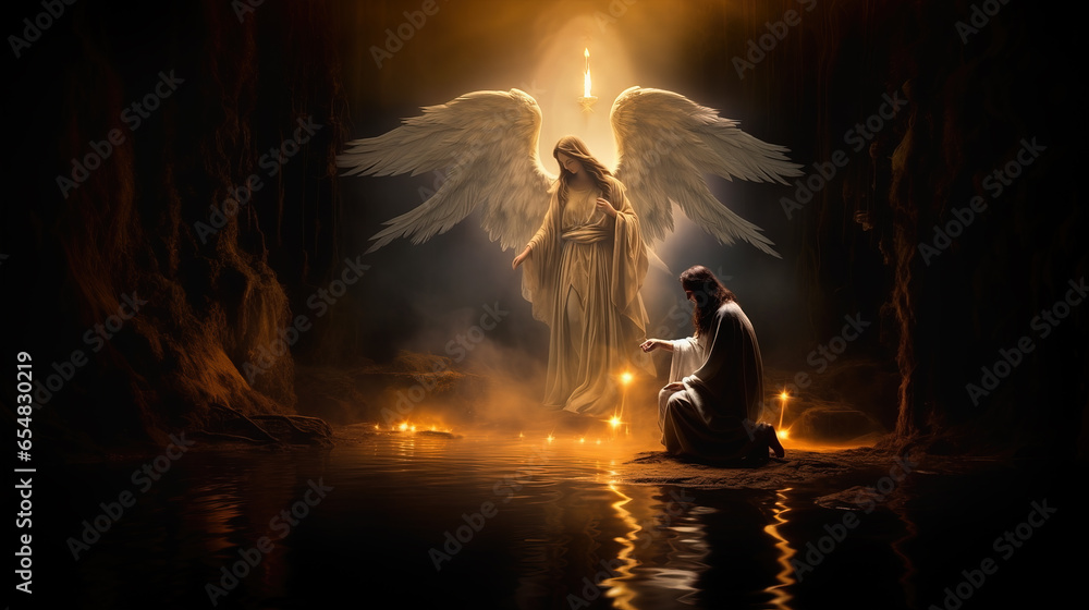 Beautiful angel in golden light appearing to the praying person ...