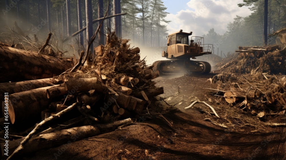 Mulching felled trees in deforestation using a horizontal grinder Stock ...