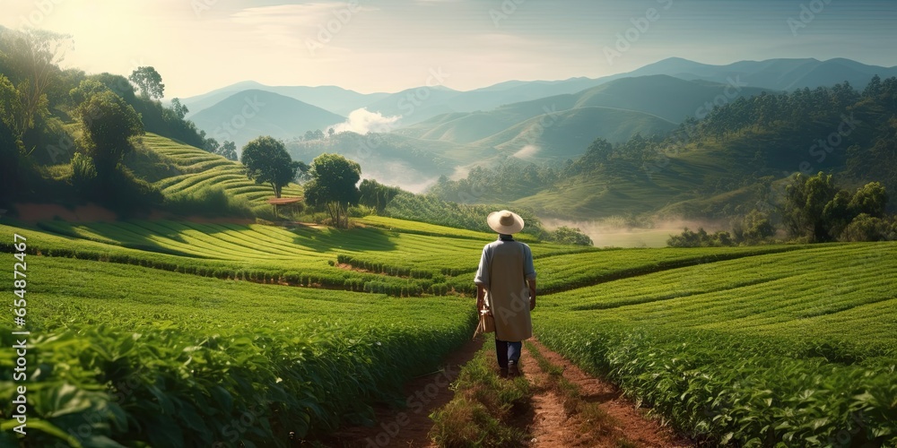 Cultivating prosperity. Life of agricultural worker. Morning mist on ...