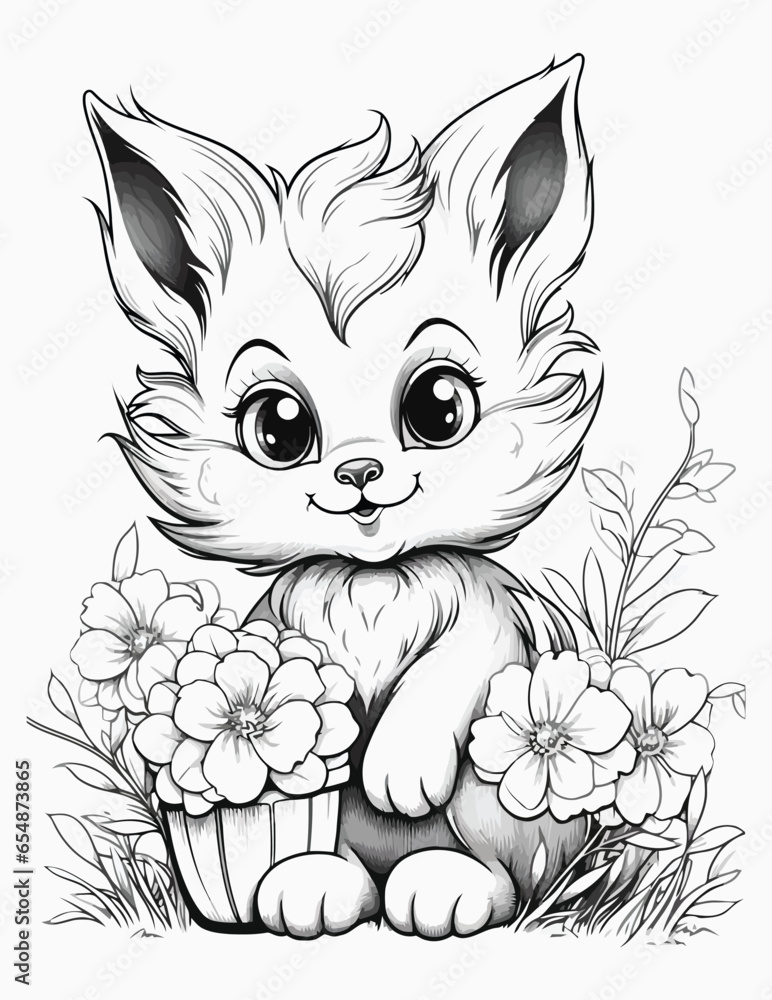 Cute kawaii animal coloring page for kids with nature, Vintage forest ...