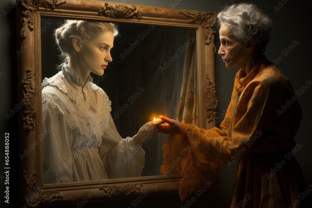 Generated Photo of an elderly woman reflecting on her own reflection as ...