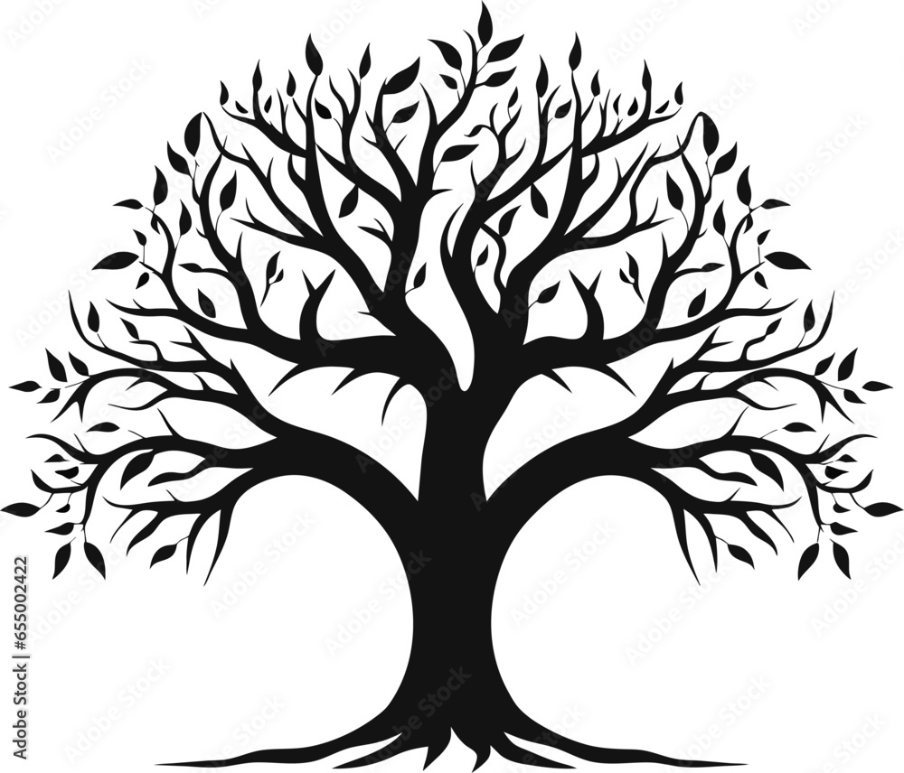 Silhouette of one wide massive old oak tree without leaves isolated ...
