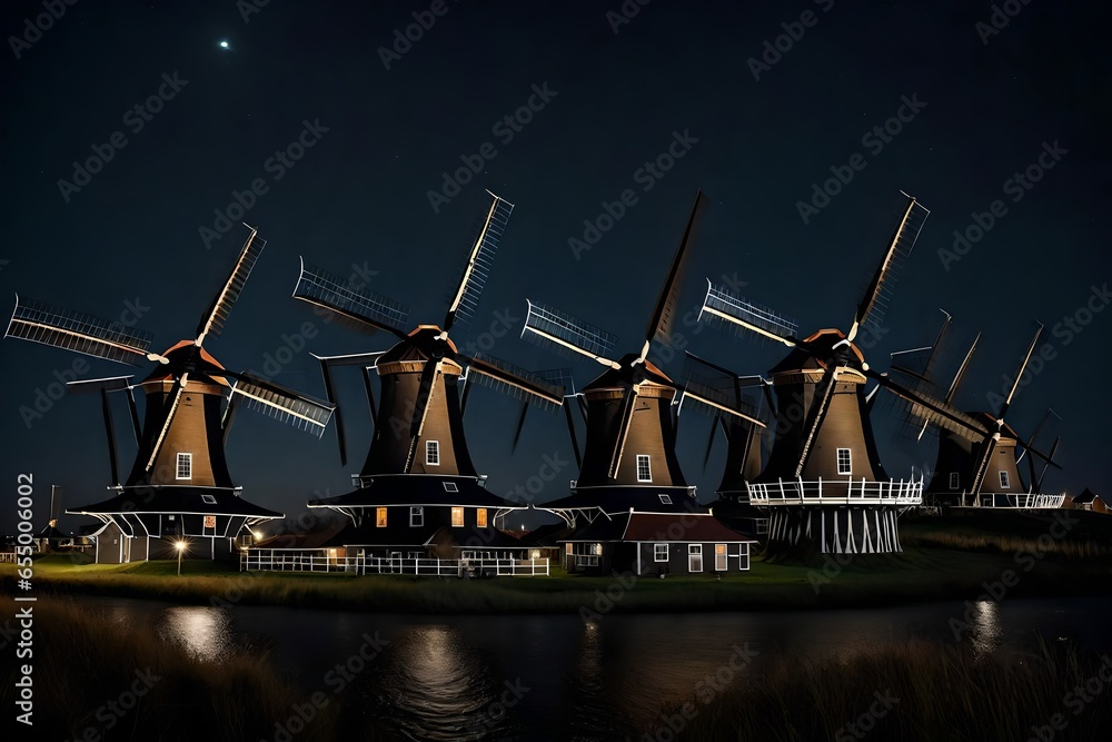 multiple dutch windmills, pitch black night, horror, vampire - AI ...