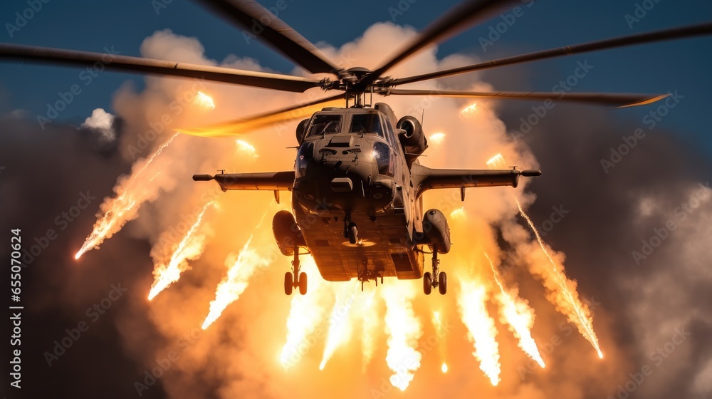 Attack helicopter firing flares, Military helicopter firing a series of ...