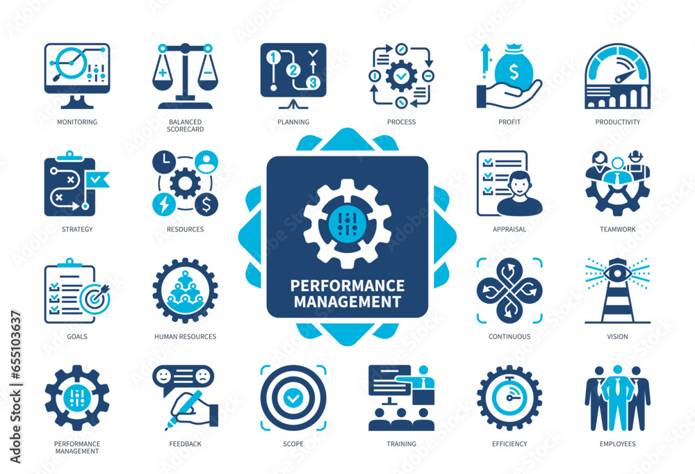 Performance Management icon set. Monitoring, Teamwork, Productivity, Human Resources, Balanced ...