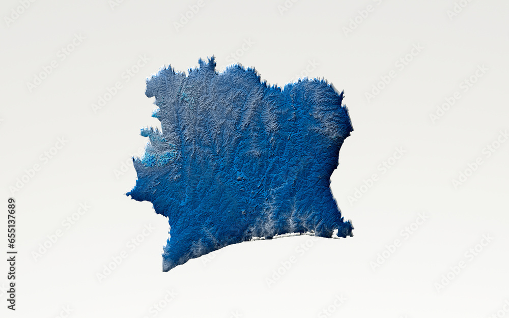 3d Deep Blue Water Ivory Coast Map Shaded Relief Texture Map On White ...
